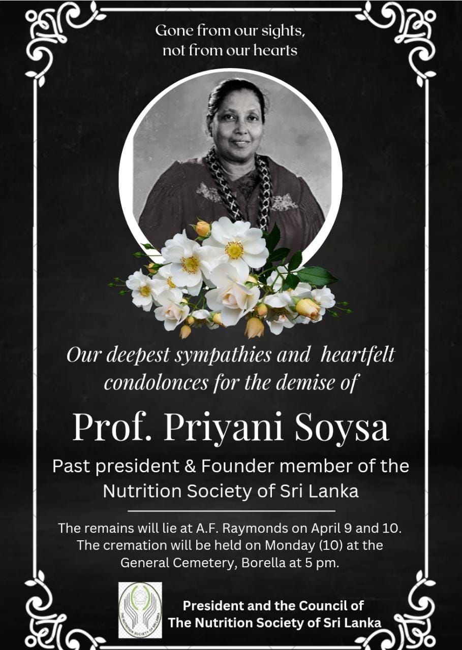 Obituary Notice of Prof. Priyani Soysa - The Nutrition Society of Sri Lanka